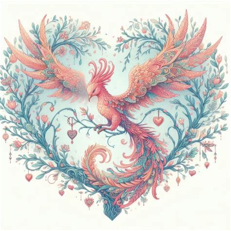 Intricate Phoenix Art Within Heart Shaped Foliage Showcases Elegance