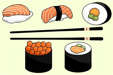 스시 맛있는 일본 음식 세트 프리미엄 벡터