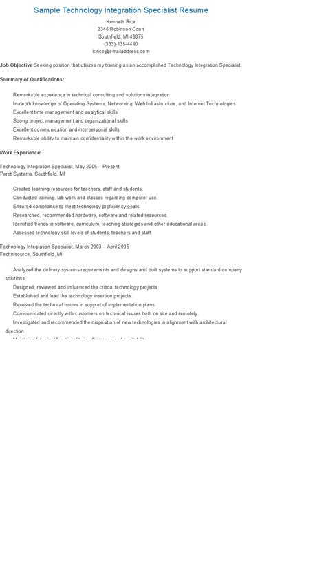 Resume Samples Sample Technology Integration Specialist Resume