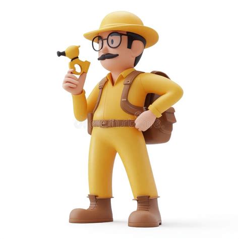 Cheerful Cartoon Explorer Holding A Compass 3d Render Stock