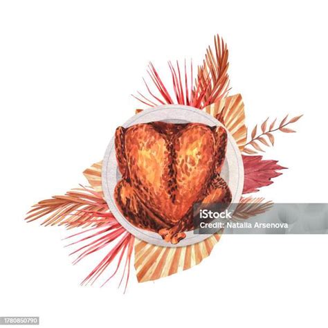 수채화 구운 바베큐 고기 구운 칠면조 닭고기와 꽃 나뭇잎 손으로 그린 그림 절연 통하고 있는 백색 배경 메뉴 카페 추수 감사절 레시피 북 요리 바베큐에 딱 맞습니다 0명에