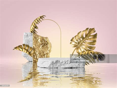 3d 렌더링 열대 잎 빈 바위 연단 조약돌 황금 아치와 물에 반사현대 배경 빈 스테이지입니다 제품 프레젠테이션을 위한 빈