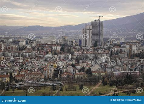 Wide Angle Aerial View Of The Center Of Sofia With Road Houses And