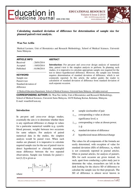 Pdf Calculating Standard Deviation Of Difference For Determination Of