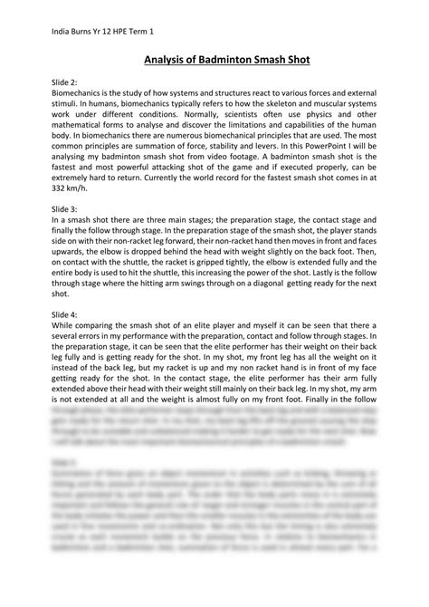 Analysis Of Badminton Shot Health Year 12 Qce Thinkswap