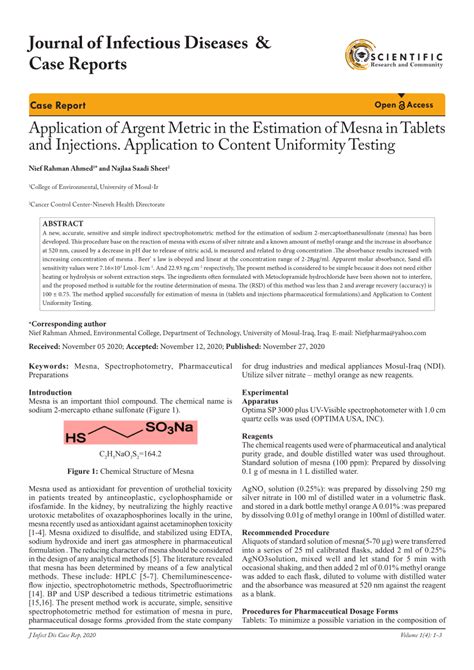 Pdf Argent Metric In The Estimation Of Mesna In Tablets And