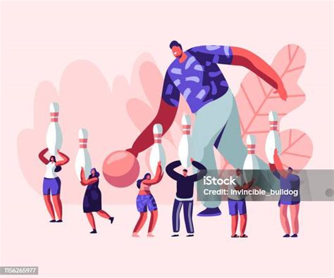 볼링을 재생 하는 남성 캐릭터 거 대 한 남자 던져 공 핀으로 이동 하는 작은 사람들 레저 활동적인 라이프 스타일 친구는 주말에