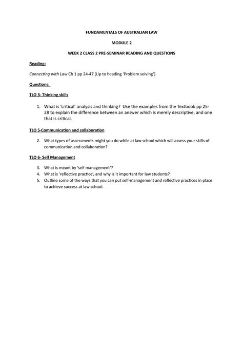 week 2 2 pre seminar reading and questions fundamentals of australian