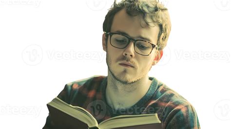 Young Man Reading A Book Concentrated Expression Glasses Plaid Shirt