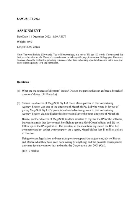 Law 351 T3 22assignment Question Law 351 T3 2022 Assignment Due Date