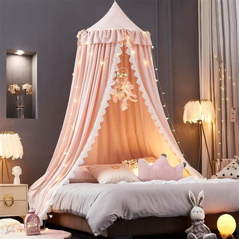 Bed Canopy For Girls Ruffled Soft Pink Princess Canopy Dreamy Bow Decor