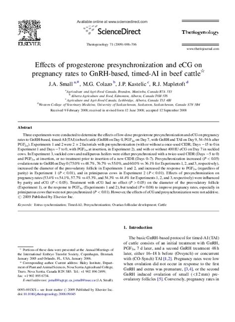 Pdf Effects Of Progesterone Presynchronization And Ecg On Pregnancy