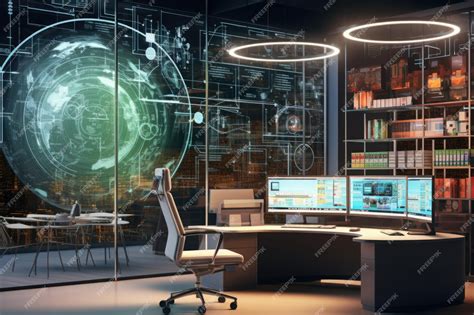 Premium Ai Image Futuristic Office Interior With Holograms Open Space Interior With Technology