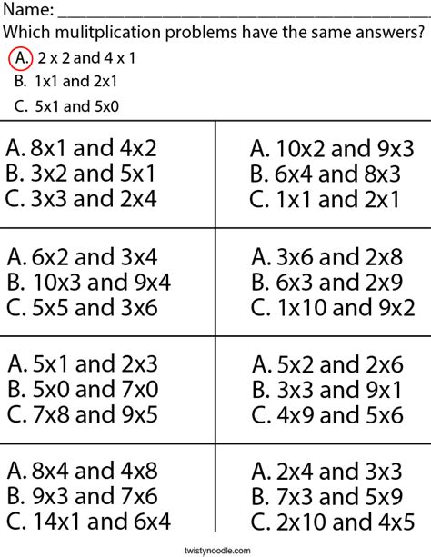 Which Multiplication Problems Have The Same Answers Math Worksheet Twisty Noodle