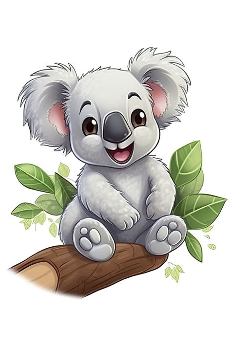 Cute Koala Cartoon Sitting on Tree Branch