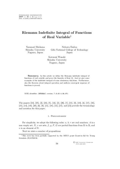 Pdf Riemann Indefinite Integral Of Functions Of Real Variable