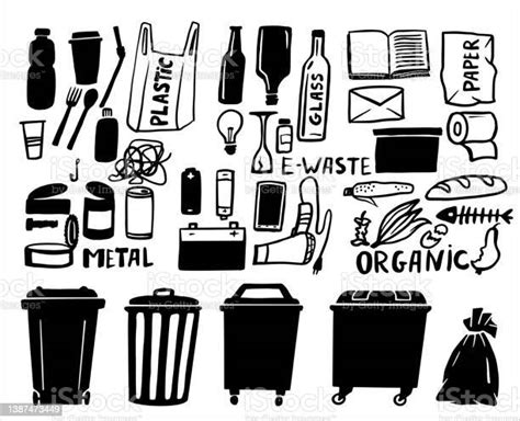 다양한 쓰레기통세트가 있는 쓰레기통 다른 재료의 재활용 흰색 배경에 격리 된 벡터 실루엣 그림입니다 재활용에 대한 스톡 벡터 아트 및 기타 이미지 Istock