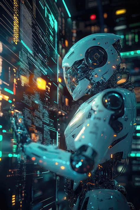 Futuristic Robot Interacting with a Digital Interface in a High-tech Environment at Night Stock ...