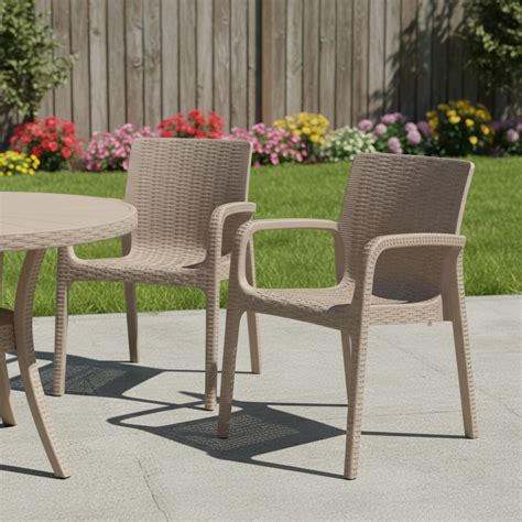 Set Of Two Taupe Faux Rattan Heavy Duty Plastic Outdoor Stacking Arm