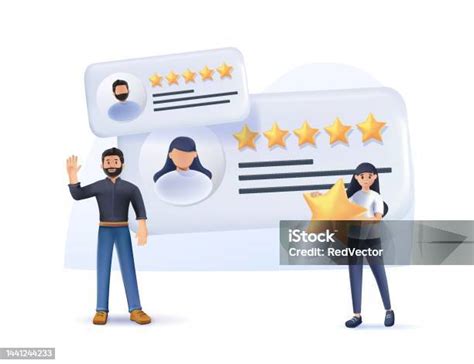 별 다섯 개 피드백을 주는 사람들 캐릭터 벡터 고객 리뷰 개념입니다 좋은 비율과 나쁜 비율의 별 리뷰 3차원 형태에 대한 스톡