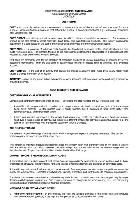 Cost Terms Concepts And Behavior COST TERMS CONCEPTS AND BEHAVIOR Cost Accounting And