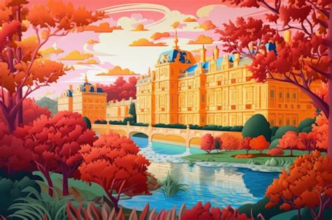 Premium AI Image A Painting Of A Castle With A River In The Foreground And A Painting Of A