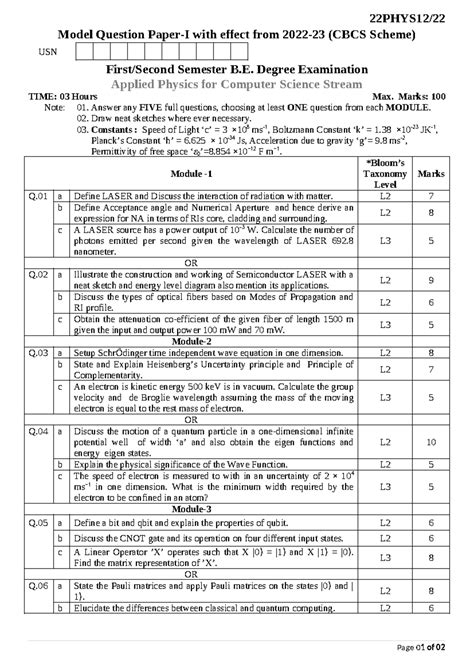 Bphys 102 202 Model Question Paper For Applied Physics Exam Studocu