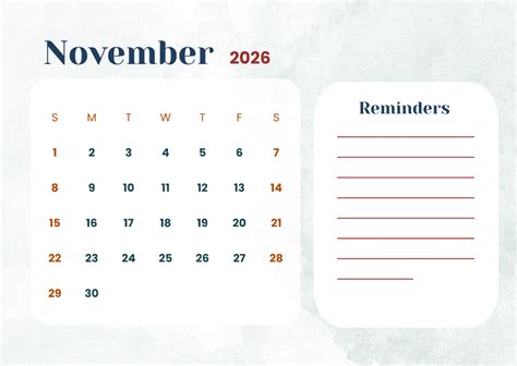 November 2026 Calendar With Reminders Template To Download