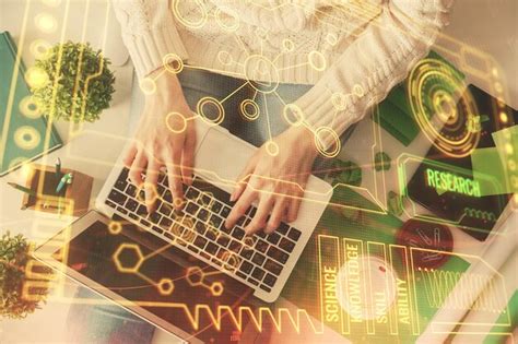 Premium Photo Double Exposure Of Woman Hands Working On Computer And Data Theme Hologram