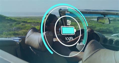 Driving Convertible Woman With Battery Charge Animation Overlaying