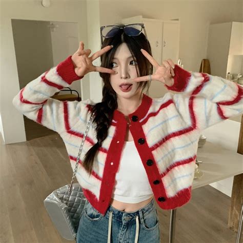 배색 스트라이프 패턴 앙고라 니트 가디건 Ag115942