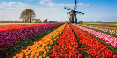 Traditional Dutch Windmills With Fields Of Tulips Stock Illustration