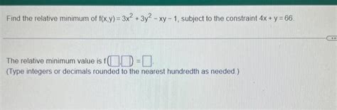solved find the relative minimum of f x y 3x2 3y2−xy−1