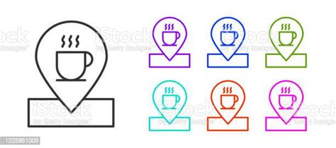 흰색 배경에 격리 된 커피 컵 아이콘이있는 검은 색 선 위치 다채로운 아이콘을 설정합니다 벡터 일러스트레이션 0명에 대한 스톡 벡터 아트 및 기타 이미지 Istock