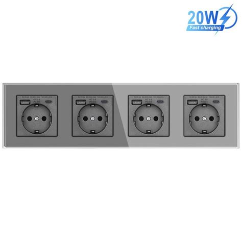 Розетка электрическая 4 поста с Usb Type C Аc быстрая зарядка 20w закаленное стекло серый