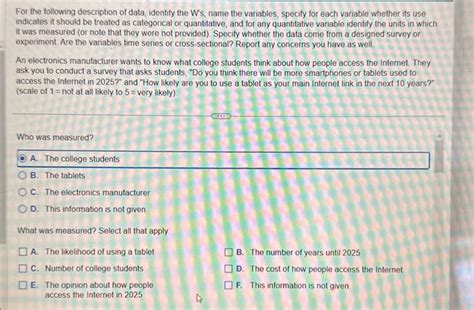 solved for the following description of data identify the