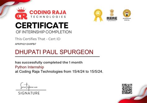Python Internship Completed In Coding Raja Technologies Dhupati Paul Spurgeon