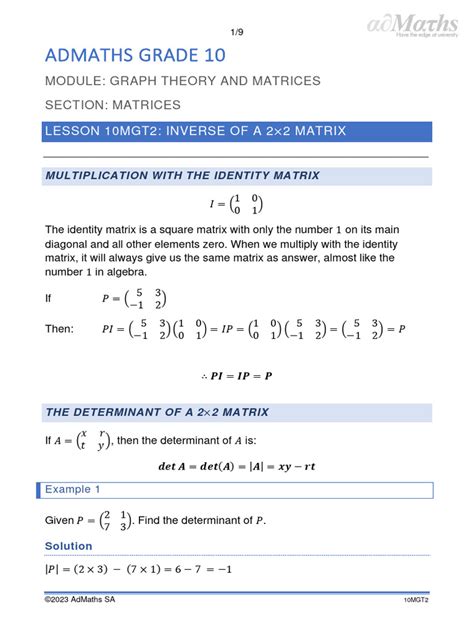 10mgt2 E 2x2 Inverse Pdf Matrix Mathematics Determinant