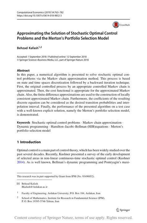 Approximating The Solution Of Stochastic Optimal Control Problems And