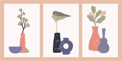 화병 세트의 추상적인 열대 잎 질감 트렌디 한 인테리어 포스터 또는 프린트와 자연 색상의 손으로 그린 식물 미니멀 리스트 구성 현대 보헤미안 일러스트레이션 벡터 배경 0명에