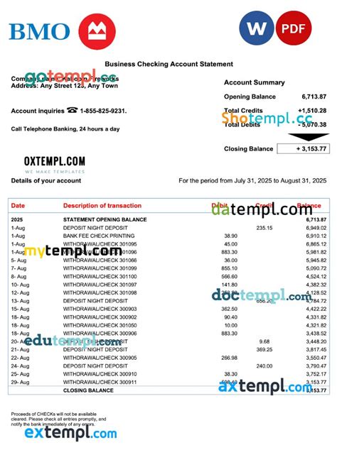 Usa Bmo Bank Of Montreal Business Checking Account Statement Word And