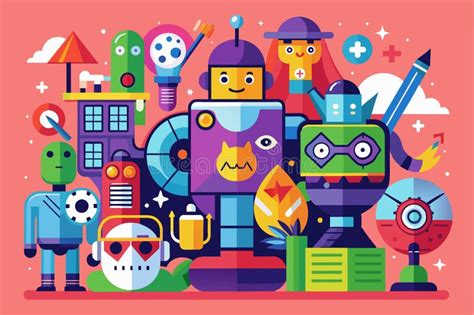 A Vibrant Illustration Showcasing A Group Of Robots With Different Shapes Sizes And