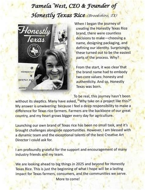 Pamela West Ceo And Founder Of Honestly Texas Rice Brookshire Tx