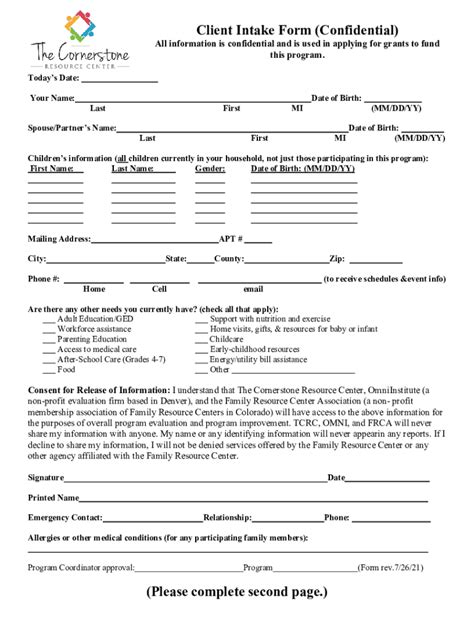Fillable Online Confidential Client Intake And Diaper Request Form