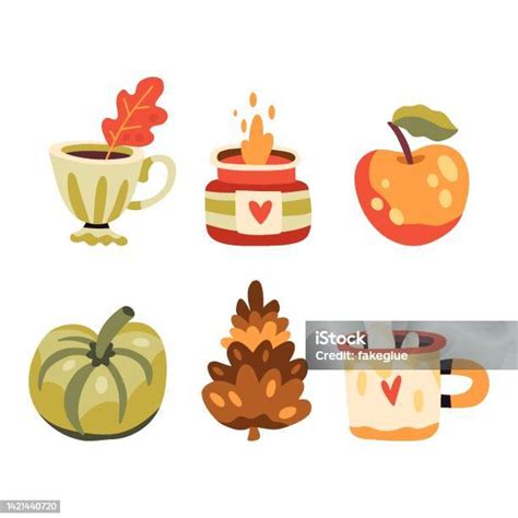 귀여운 가을 요소 세트 커피와 카카오 한 잔 호박 사과 콘 불타는 양초 불에 대한 스톡 벡터 아트 및 기타 이미지 불