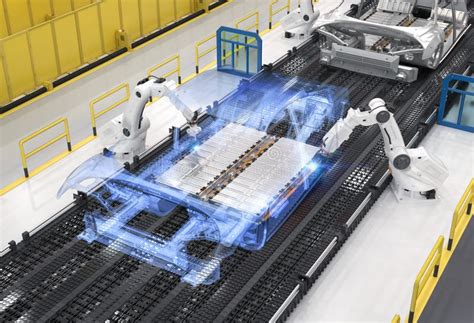 Robot Assembly Line With Electric Car Battery Cells Module On Platform