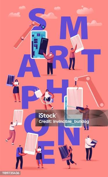 사람들이 조립하고 스마트 폰 개념을 사용하는 말하는 음악을 말하는 문자 메시지를 보내는 핸드폰을 들고있는 남성과 여성의 군중 휴대 전화 포스터 배너 전단지 브로셔 만화 플랫