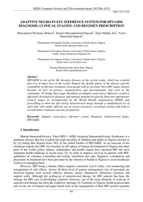 Pdf Adaptive Neuro Fuzzy Inference System For Hiv Aids Diagnosis Clinical Staging And Regimen
