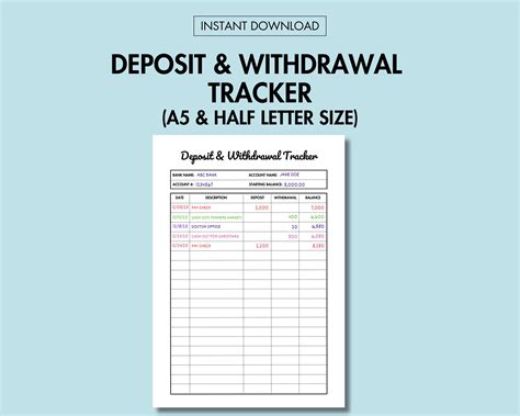 Deposit And Withdrawal Tracker Printable Bank Account Ledger Pdf