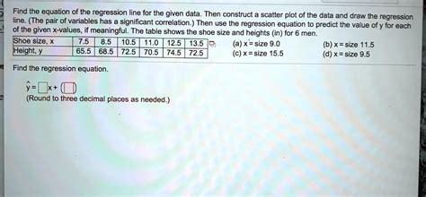 solved find the equation of the regression line for the given data